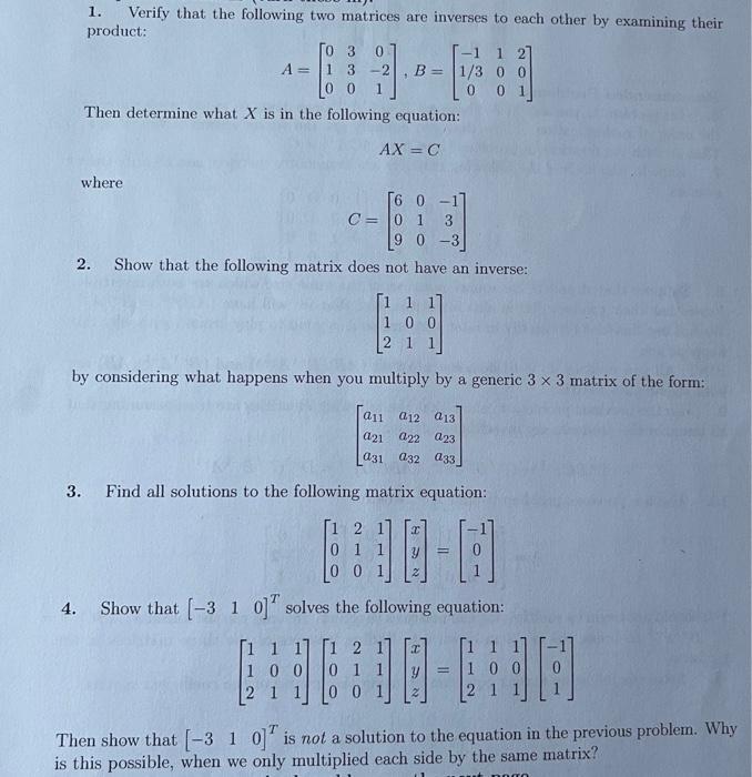 Solved 1. Verify that the following two matrices are | Chegg.com