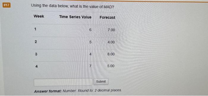 Solved Using the data below, what is the value of MAD? | Chegg.com