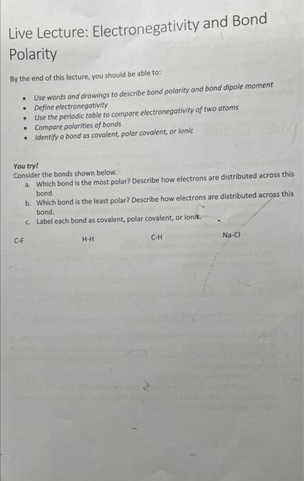 Solved Live Lecture: Electronegativity and Bond Polarity By | Chegg.com