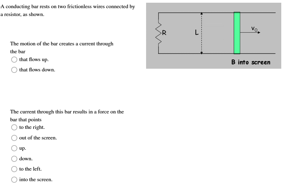 Solved A conducting bar rests on two frictionless wires | Chegg.com
