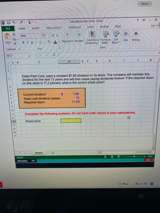 Solved Saved ? 3 Calculating stock price - Excel 5. HOME | Chegg.com