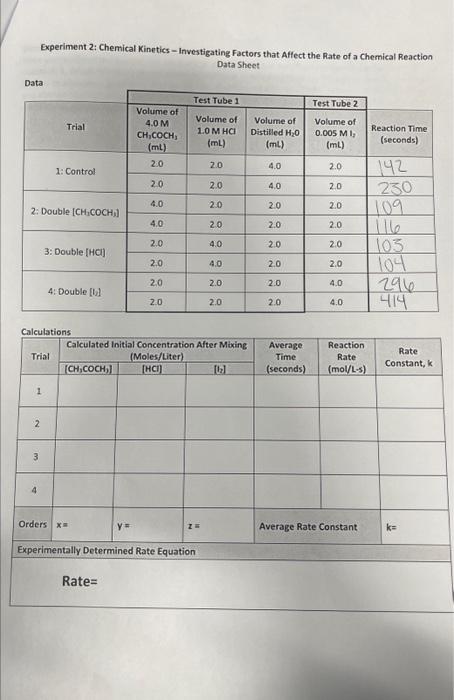 Experiment 2: Chemical Kinetics - Investigating | Chegg.com