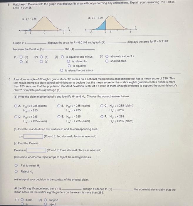 Solved 5. Match each P-value with the groph that displays | Chegg.com