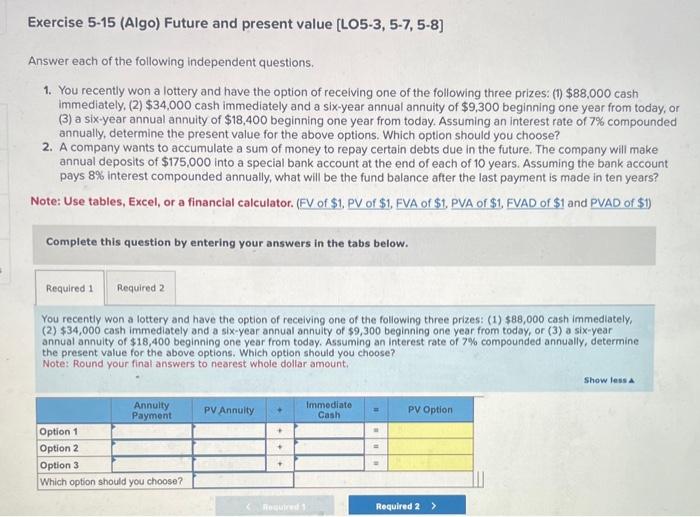 Solved Exercise 5-15 (Algo) Future and present value [LO5-3, | Chegg.com