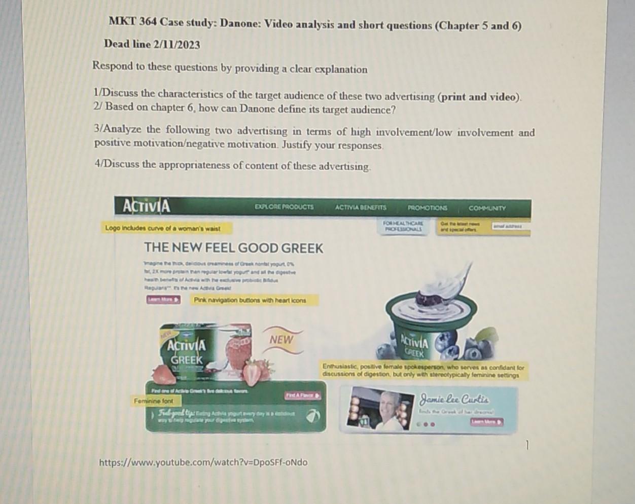 Solved MKT 364 Case study: Danone: Video analysis and short | Chegg.com