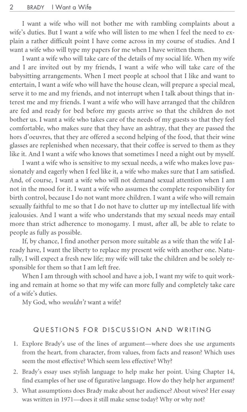 Solved JUDY BRADY I Want a Wife (1971) Judy Brady's essay | Chegg.com