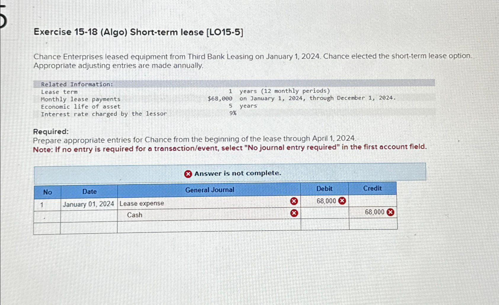 Solved Exercise 15-18 (Algo) ﻿Short-term lease | Chegg.com