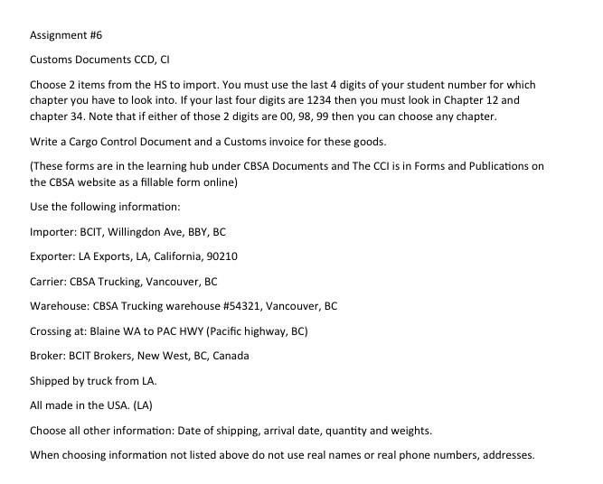 Solved Assignment #6 Customs Documents CCD, CI Choose 2 | Chegg.com