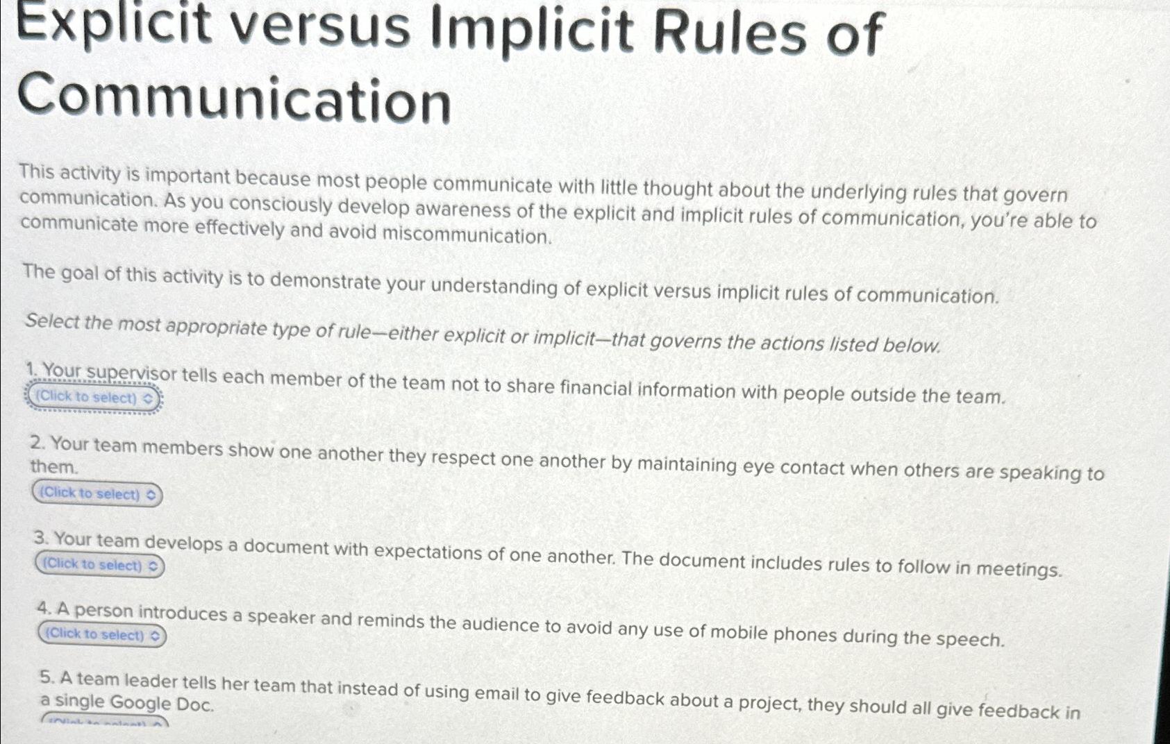 Solved Explicit versus Implicit Rules ofCommunicationThis | Chegg.com