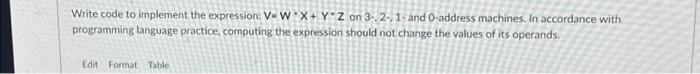 Solved Write code to implement the expression: V- W*X+ Y*Z | Chegg.com