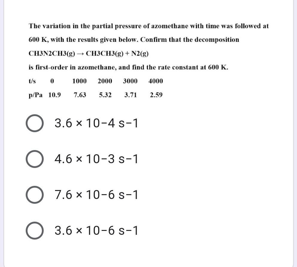 Solved The variation in the partial pressure of azomethane | Chegg.com