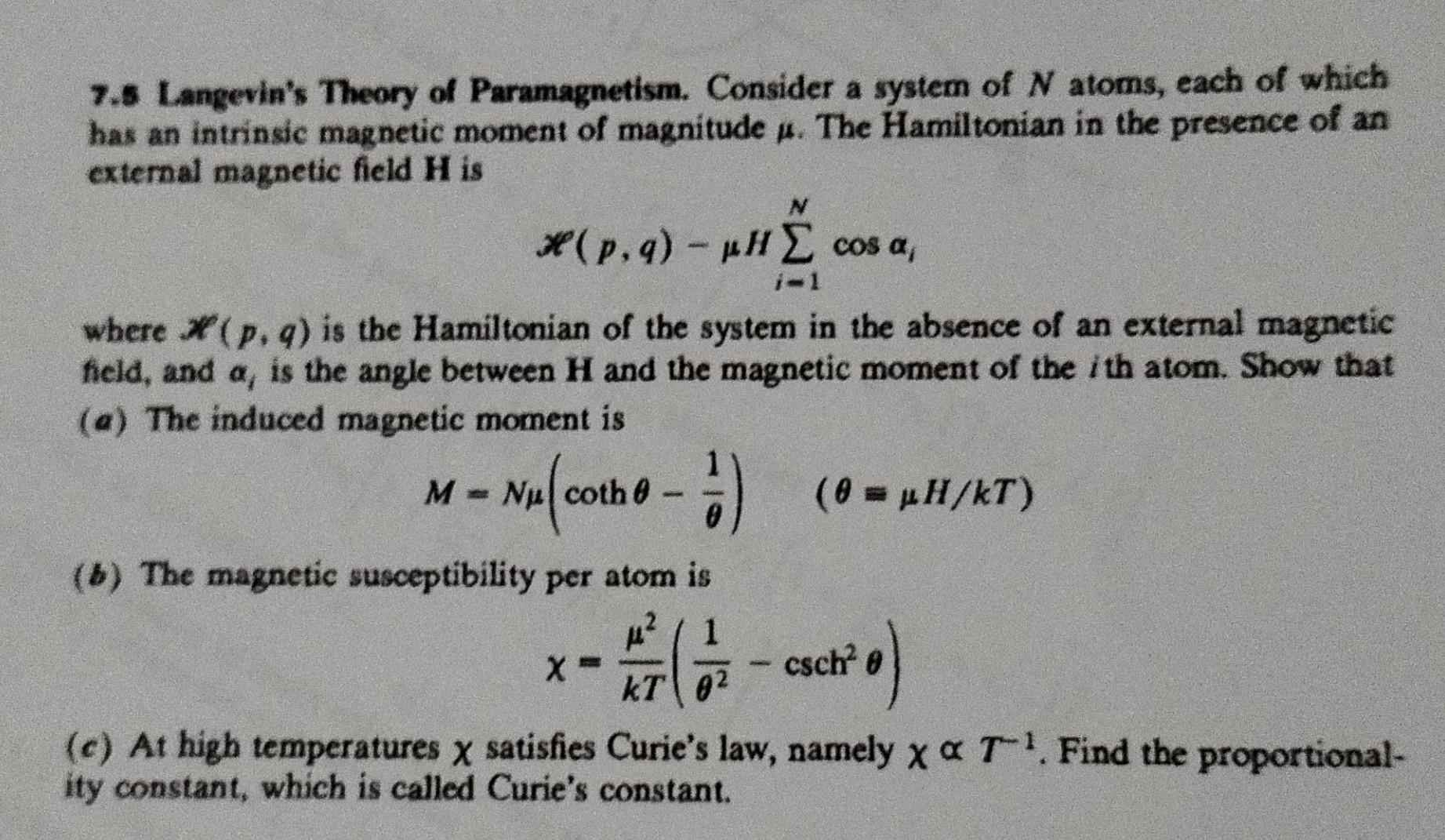 Solved 7.5 Langevin's Theory of Paramagnetism. Consider a | Chegg.com