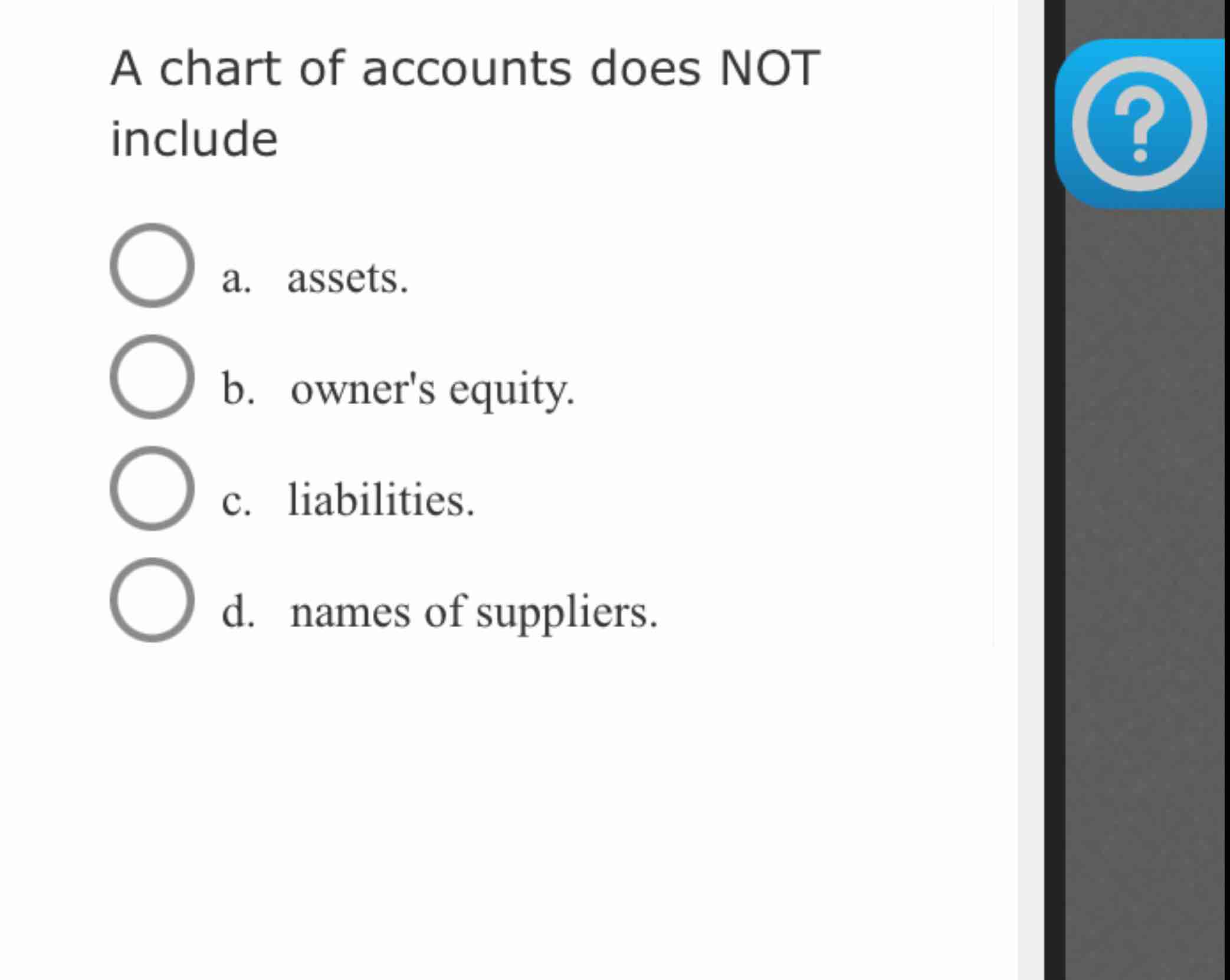 Solved A chart of accounts does NOT include a. ﻿assets. b. | Chegg.com