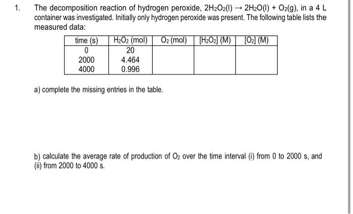 Solved 1. The decomposition reaction of hydrogen peroxide, | Chegg.com