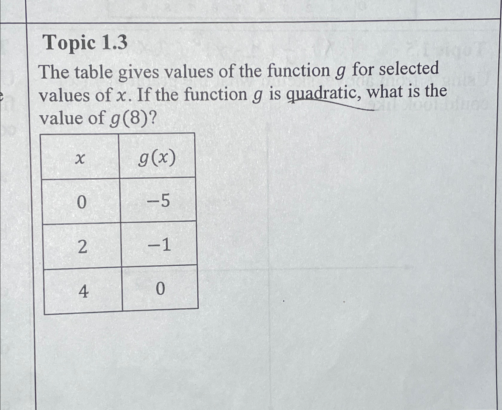 Solved Topic 1.3The table gives values of the function g | Chegg.com