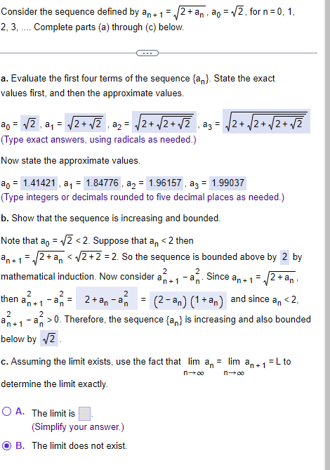Solved Consider the sequence defined by an+1=2+an2,a0=22, | Chegg.com