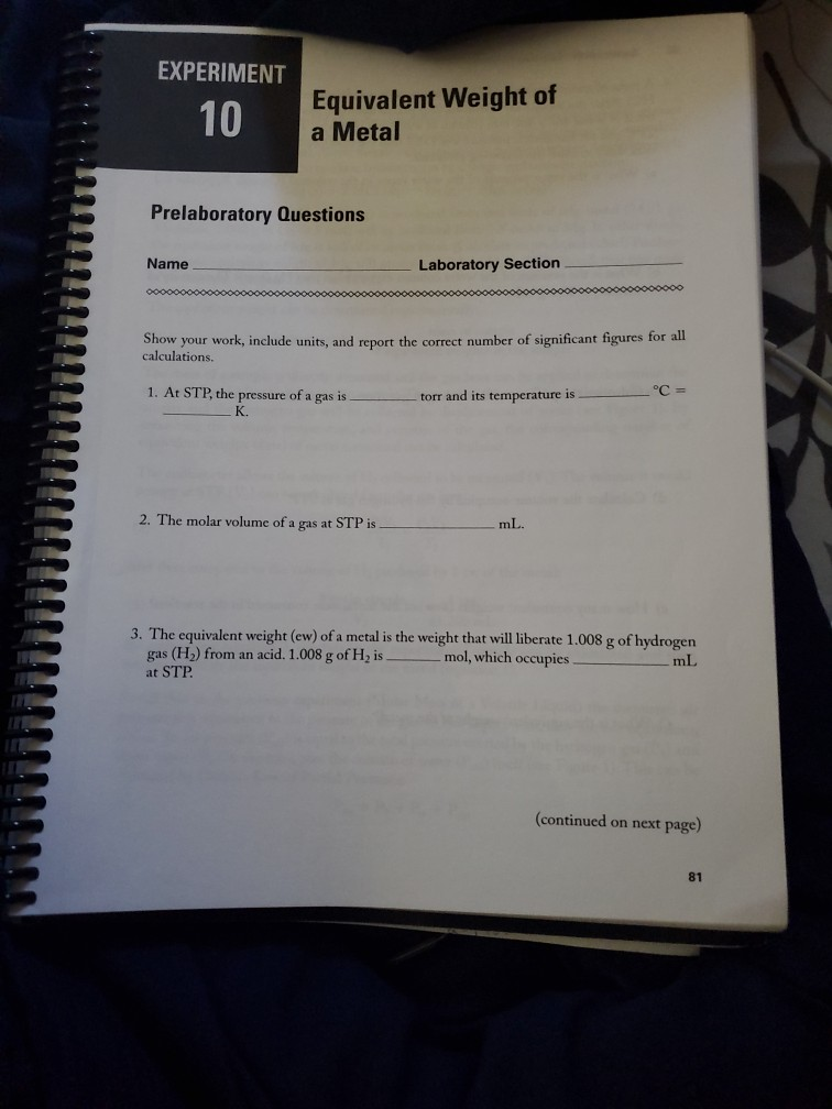 Solved EXPERIMENT 10 Equivalent Weight of a Metal | Chegg.com