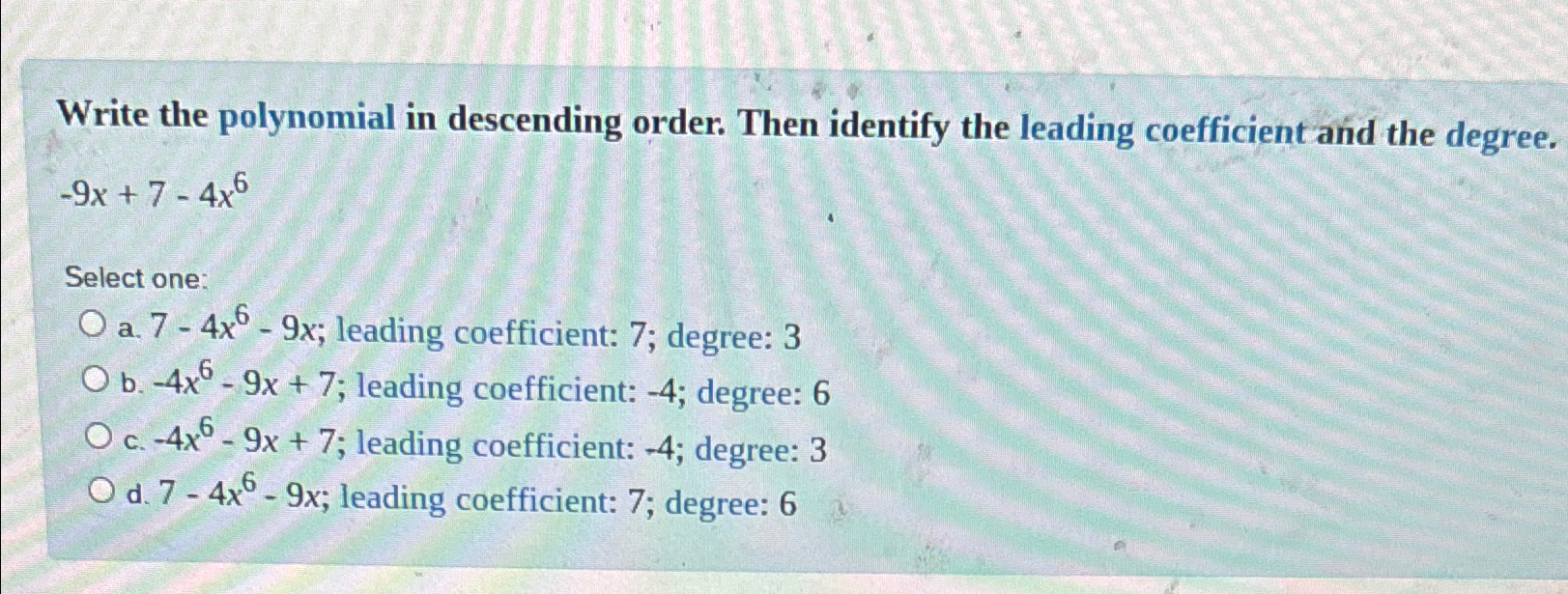 Solved Write the polynomial in descending order. Then | Chegg.com