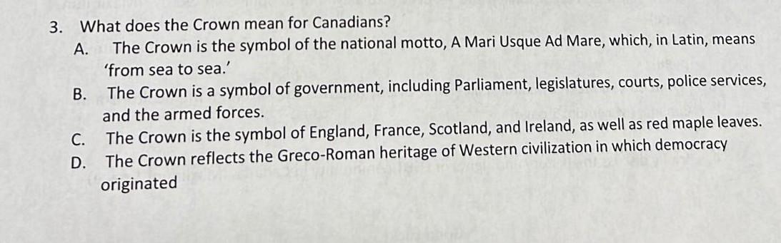 3. What does the Crown mean for Canadians? A. The | Chegg.com