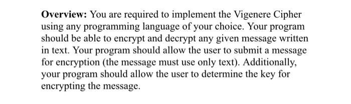 Solved Overview: You are required to implement the Vigenere | Chegg.com