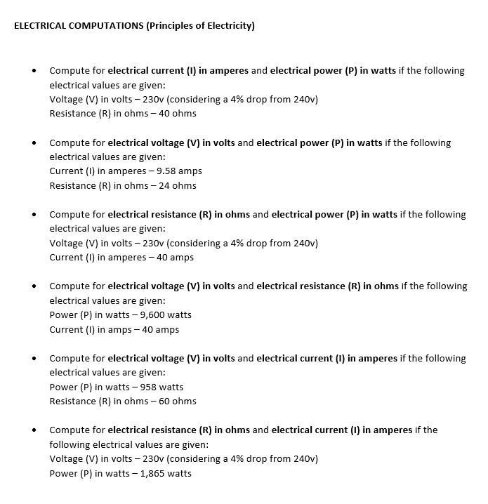 Solved ELECTRICAL COMPUTATIONS (Principles of Electricity) | Chegg.com