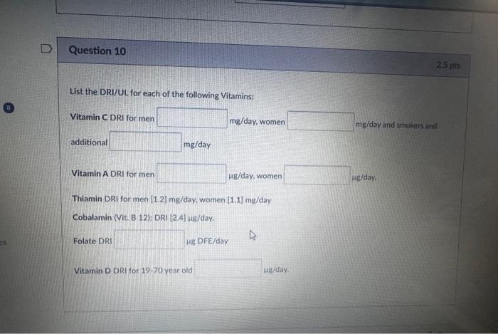 Solved List the DRI/UL for each of the following Vitamins: | Chegg.com