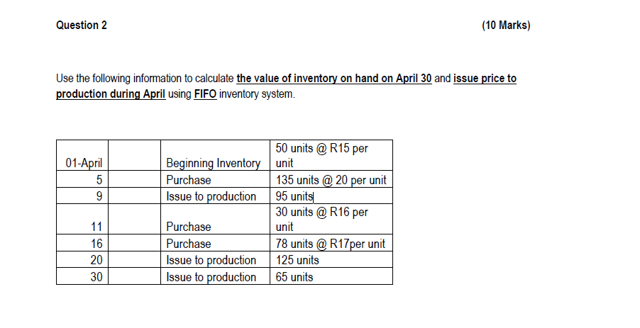 Solved Question 2(10 ﻿Marks)Use the following information to | Chegg.com