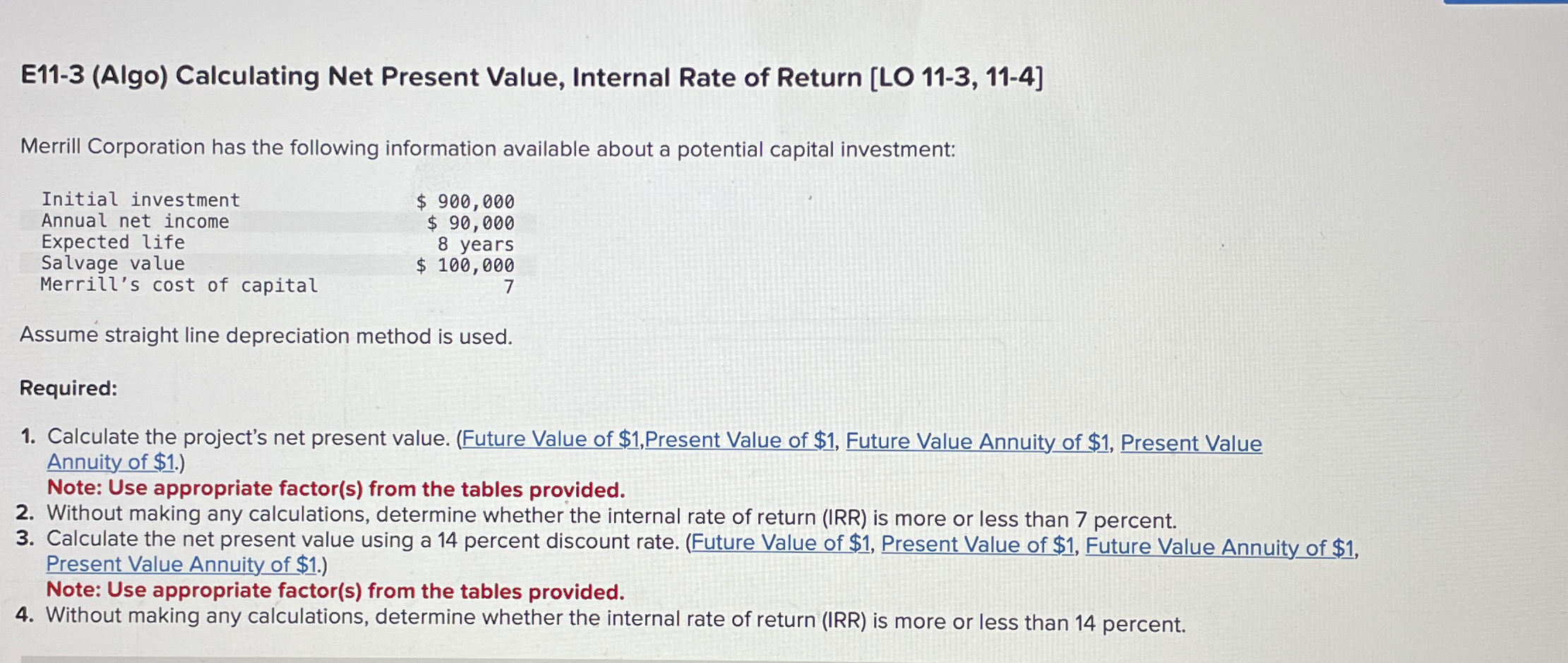 Solved E11-3 (Algo) ﻿Calculating Net Present Value, Internal | Chegg.com