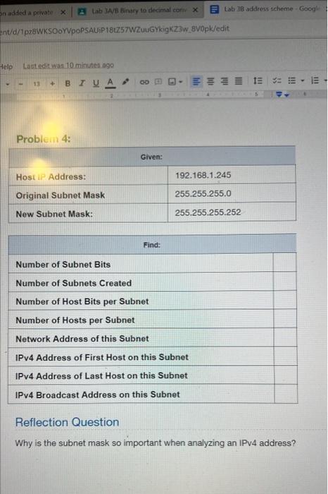 Solved Problem 4: Reflection Question Why is the subnet mask | Chegg.com