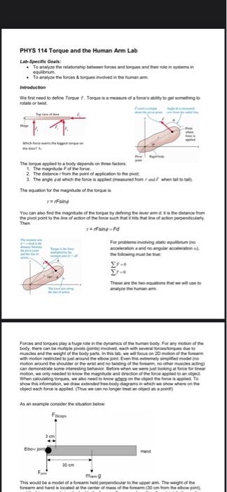 PHYS 114 Torque and the Human Arm Lab Lat-specific | Chegg.com