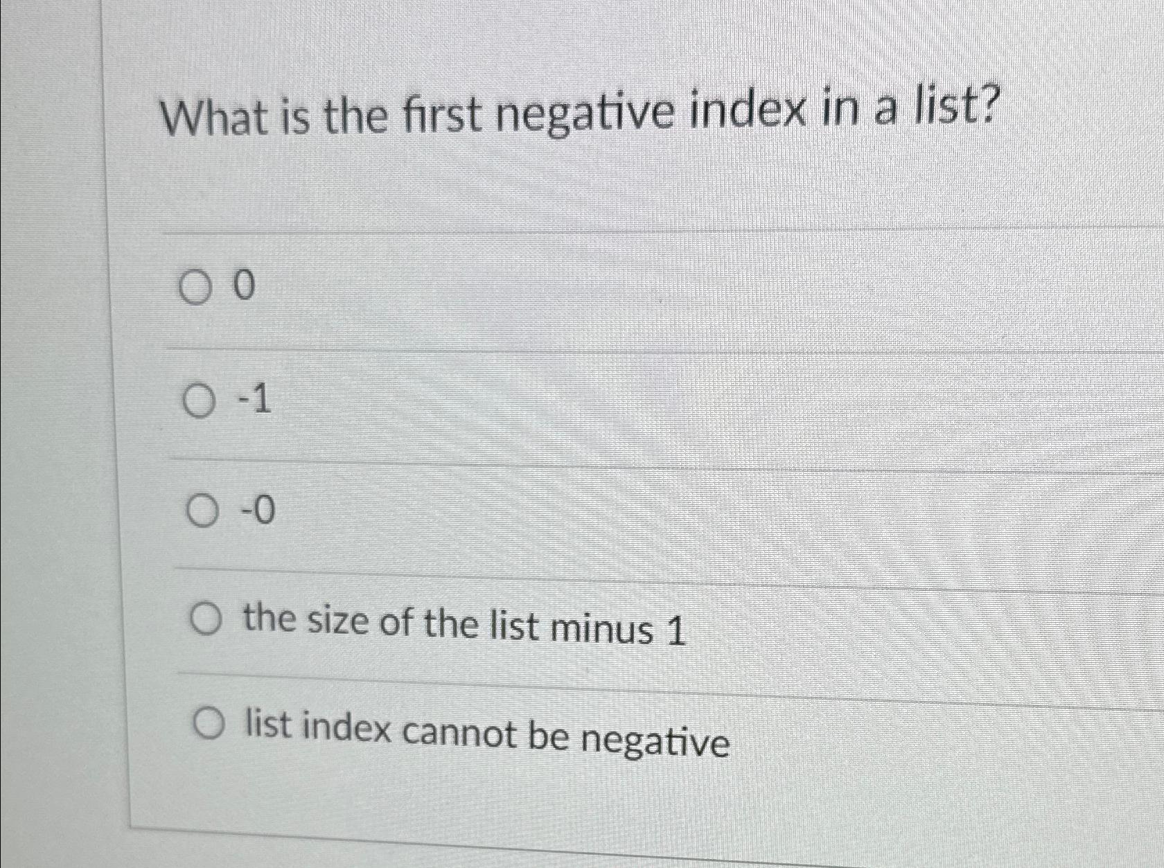 Solved What is the first negative index in a list?0-1-0the | Chegg.com