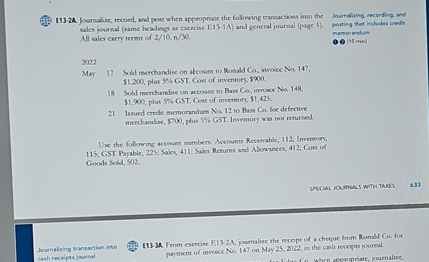 E13-2A. Journalize, record, and post when appropriate | Chegg.com