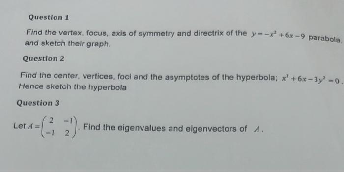 Find the vertex, focus, axis of symmetry and | Chegg.com