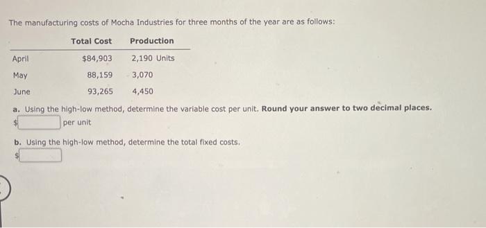 Solved The manufacturing costs of Mocha Industries for three | Chegg.com