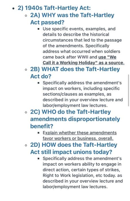 2) 1940s Taft-Hartley Act: o 2A) WHY was the | Chegg.com