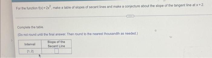 Solved For the function f(x)=2x², make a table of slopes of | Chegg.com