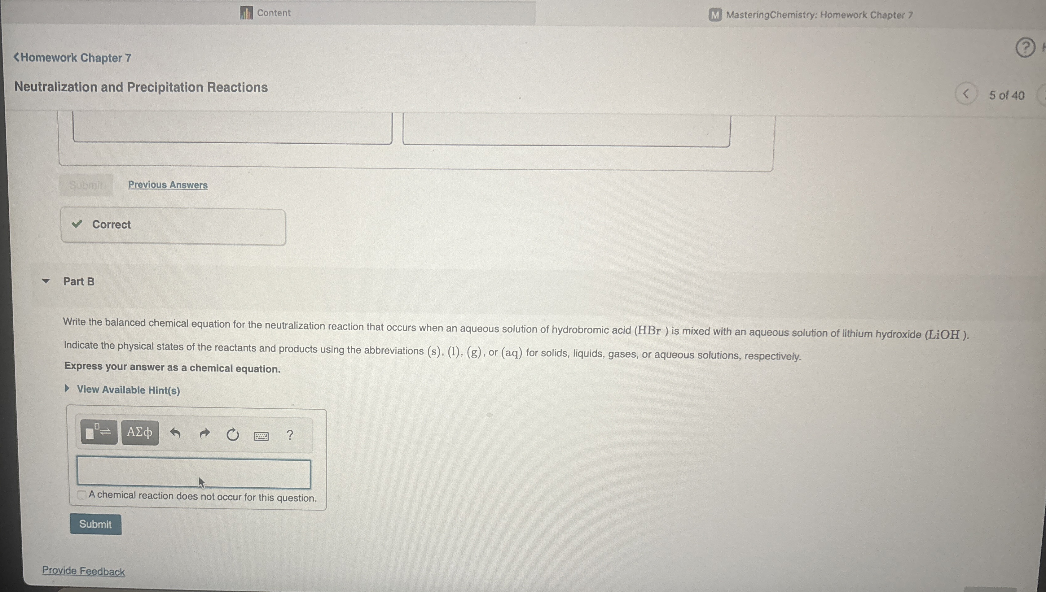 Solved ContentMasteringChemistry: Homework Chapter 7LiOHHBr | Chegg.com