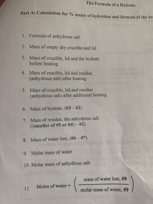 The Formula of a Hydrate Part A: Calculation for % | Chegg.com