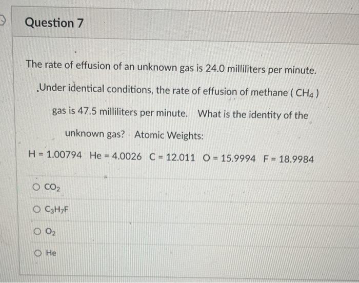 Solved The rate of effusion of an unknown gas is 24.0 | Chegg.com