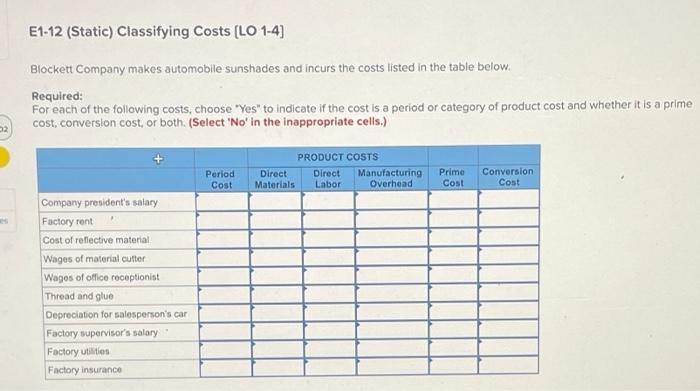 Solved E1-12 (Static) Classifying Costs [LO 1-4] Blockett | Chegg.com