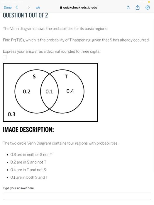 Solved The Venn diagram shows the probabilities for its | Chegg.com