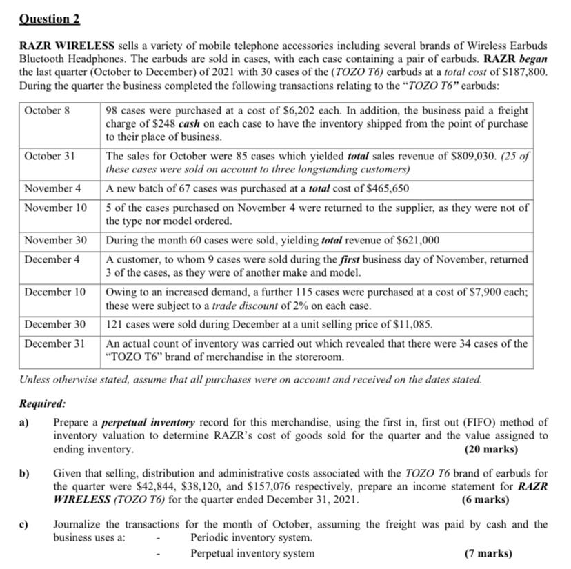 Solved Question 2RAZR WIRELESS sells a variety of mobile | Chegg.com