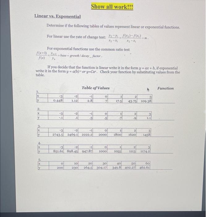 Solved Linear vs. Exponential Determine if the following | Chegg.com