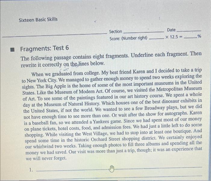 Fragments: Test 6 The following passage contains | Chegg.com