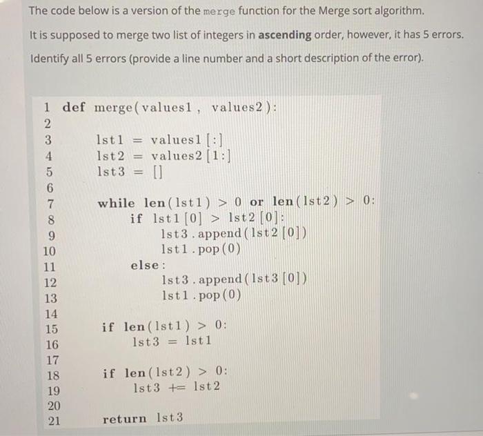 Solved The code below is a version of the merge function for | Chegg.com