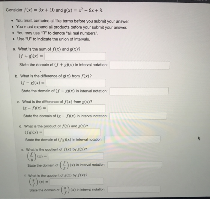 Solved Practice Consider f(x) = 6x + 7 and g(x) = x2 + 2x – | Chegg.com