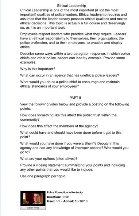 Solved Ethical Leadership Ethical Leadership is one of the | Chegg.com