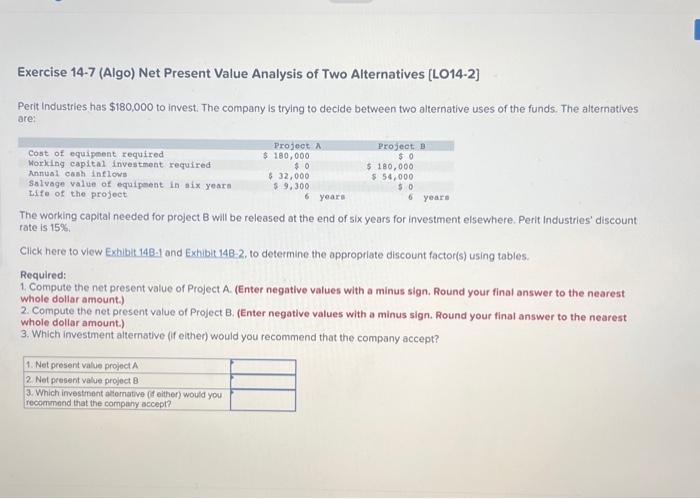 Solved Exercise 14-7 (Algo) Net Present Value Analysis of | Chegg.com