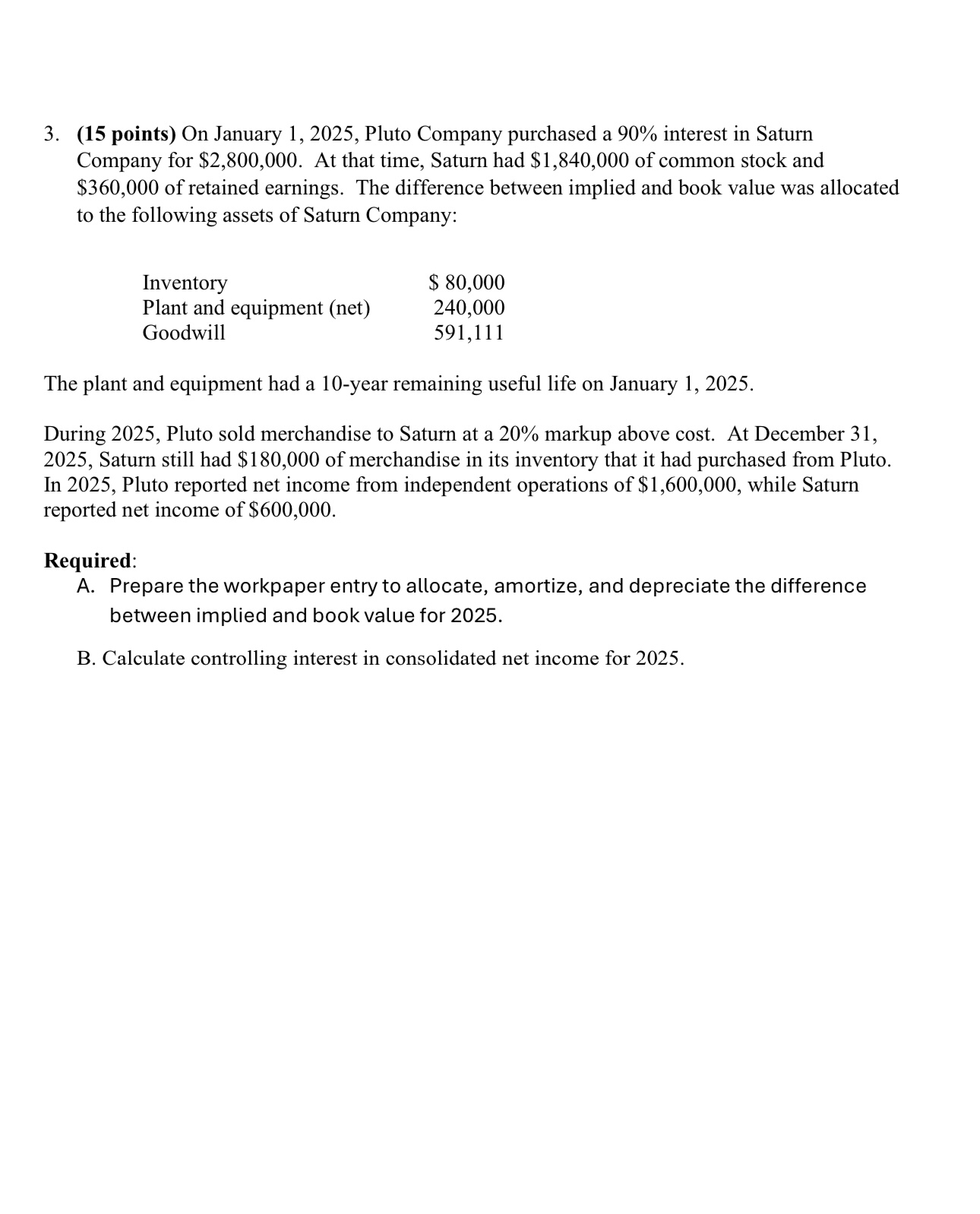 Solved (15 ﻿points) ﻿On January 1, 2025, ﻿Pluto Company | Chegg.com