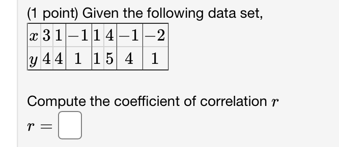 Solved (1 ﻿point) ﻿Given the following data set,Compute the | Chegg.com